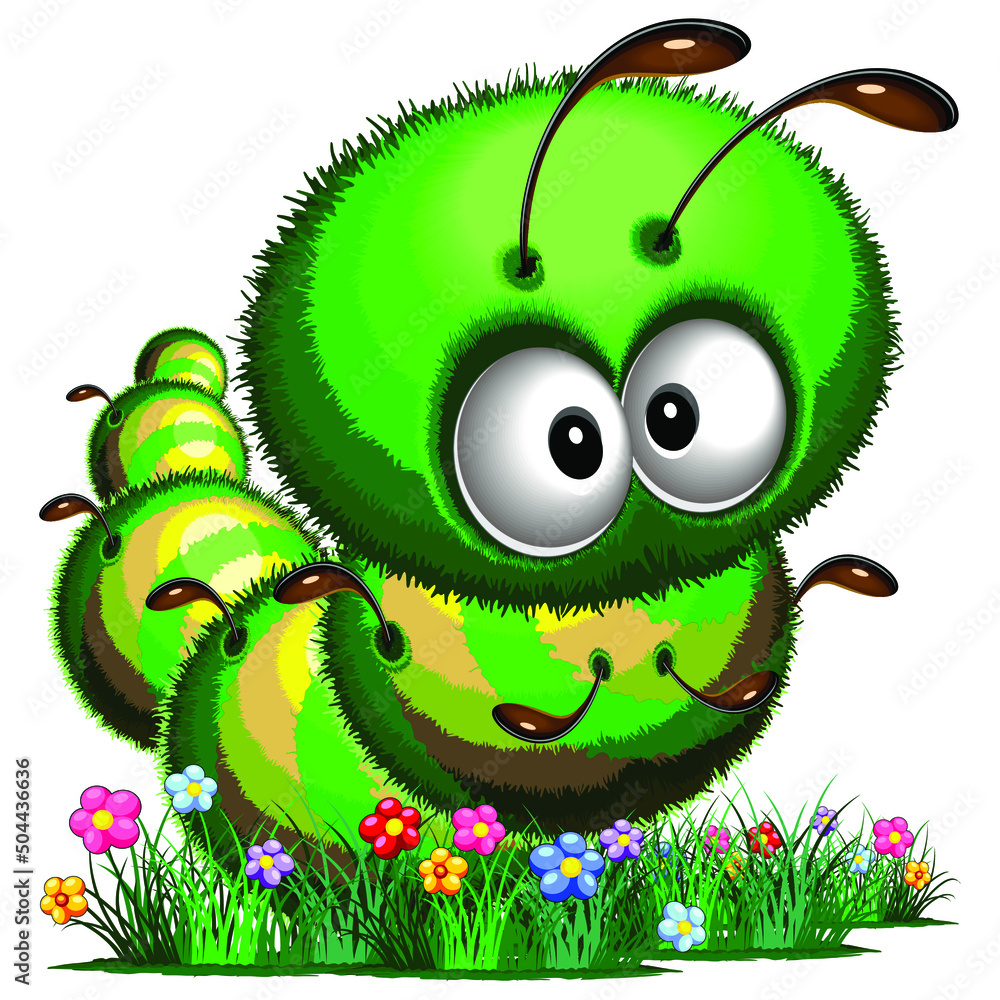 Fluffy Caterpillar Worm Bug Funny Cartoon Character among spring ...