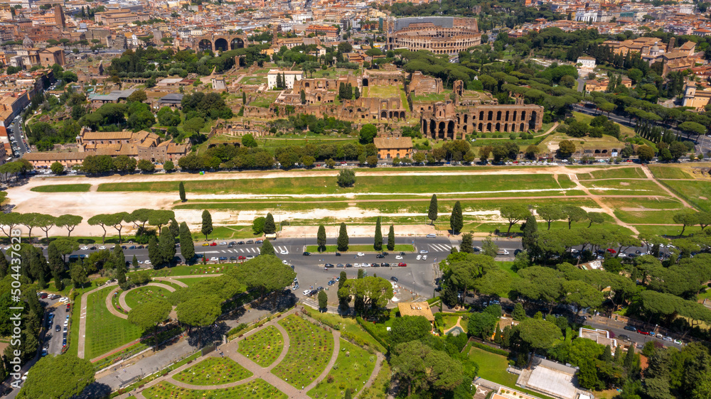 Aerial view of Circus Maximus, an ancient Roman chariot-racing stadium ...