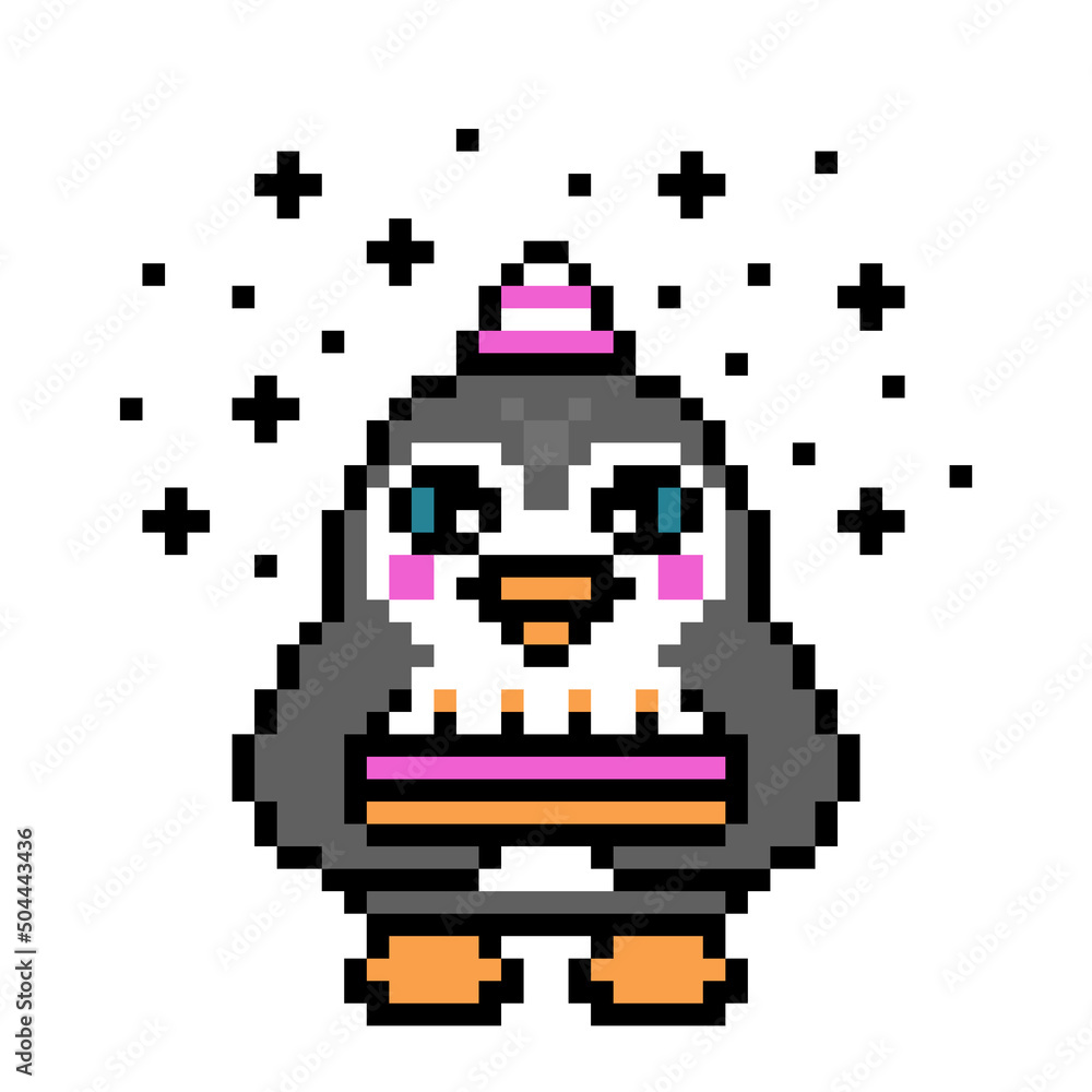 Penguin in a party cap with birthday cake, cute pixel art animal ...