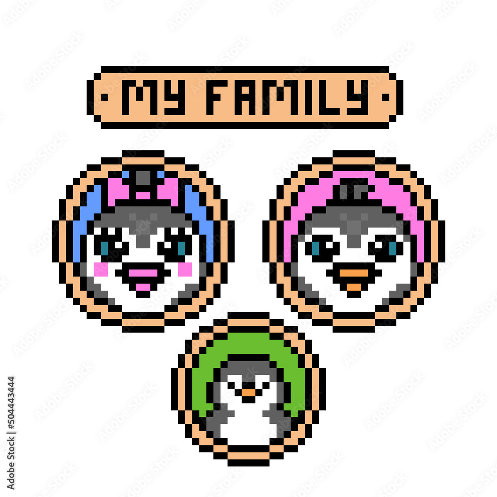 Pixel art penguin family pictures in round wooden frames, genealogy ...