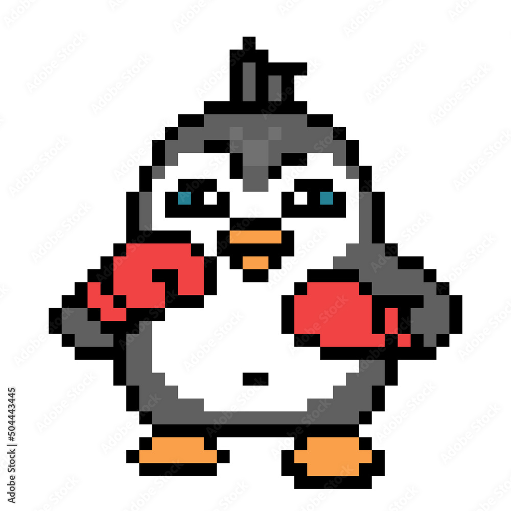 Penguin in red boxing gloves, pixel art animal character isolated on ...