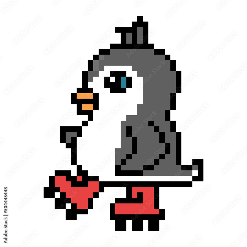 Penguin on roller skates, cute pixel art animal character isolated on ...