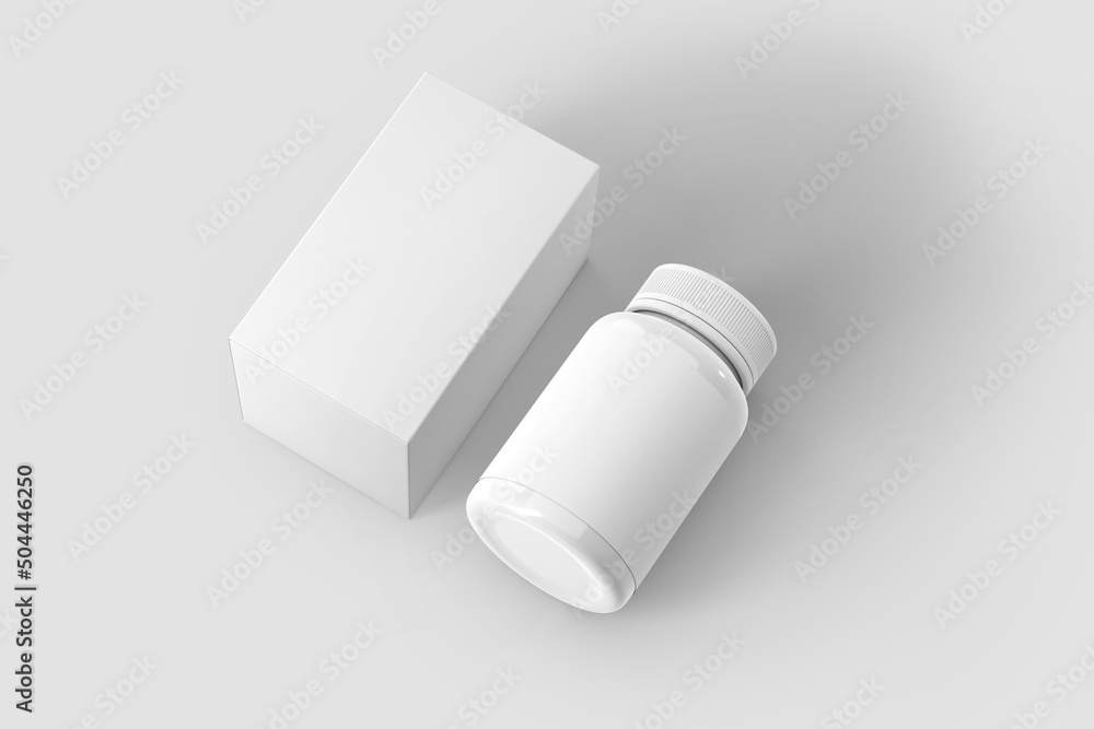 Blank supplement pill bottle with the box for mockup isolated on white ...