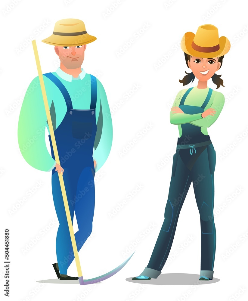 Man and woman villager farmer in overalls. Agricultural worker ...