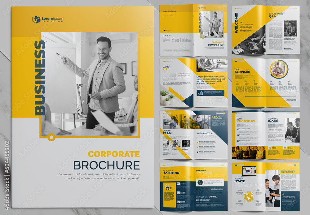 Corporate Brochure Layout with Yellow Accents Stock Template | Adobe Stock