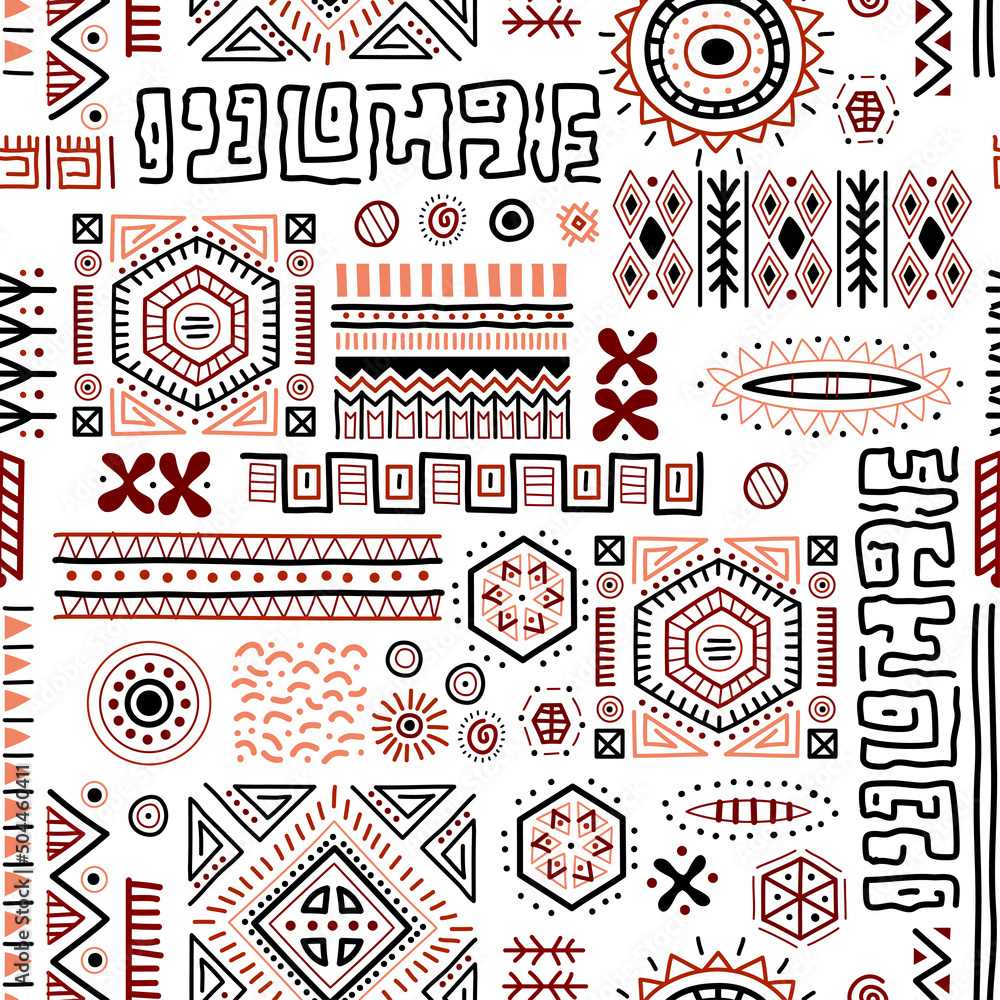 Abstract African art shapes seamless background, tribal geometric ...