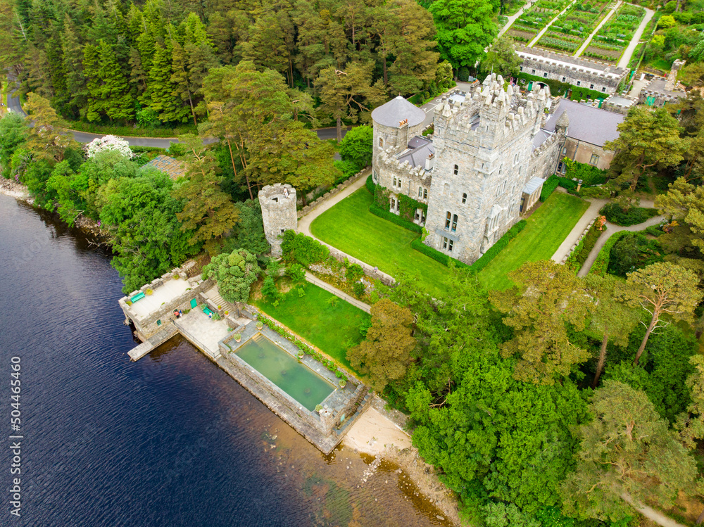 Aerial view of Glenveagh Castle, a large castellated mansion located in ...