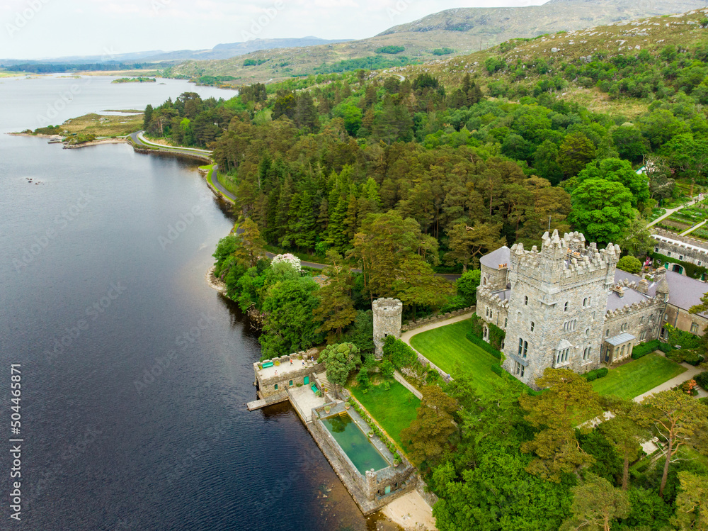 Aerial view of Glenveagh Castle, a large castellated mansion located in ...