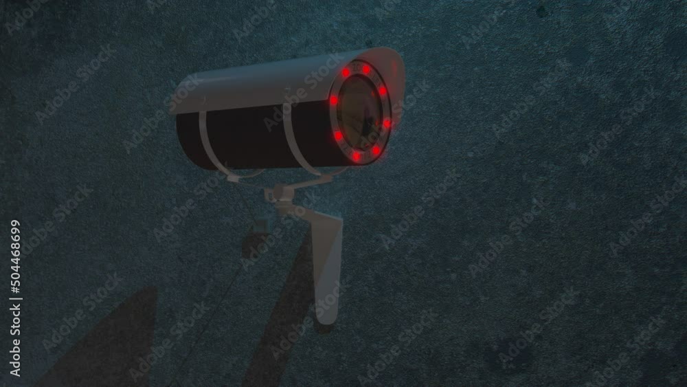 Animation of a security CCTV camera making a sweeping loop with red ...