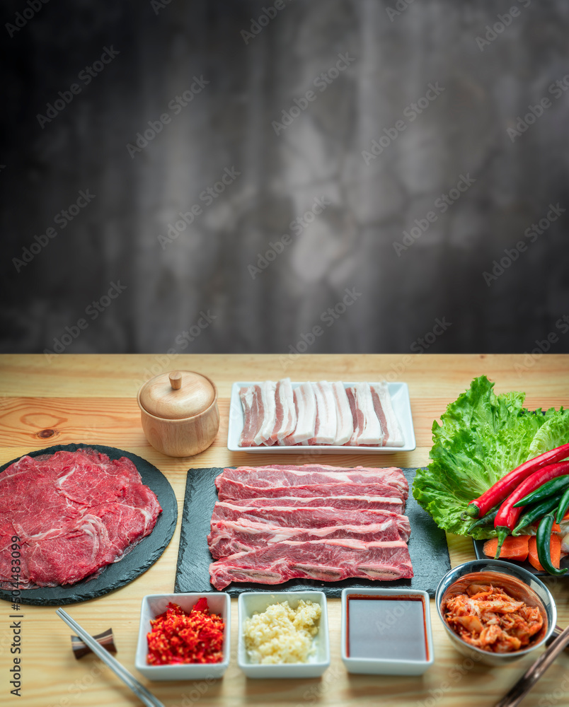 Rare Sliced Wagyu beef, Cross Cut Short Ribs beef, Slide pork belly on ...