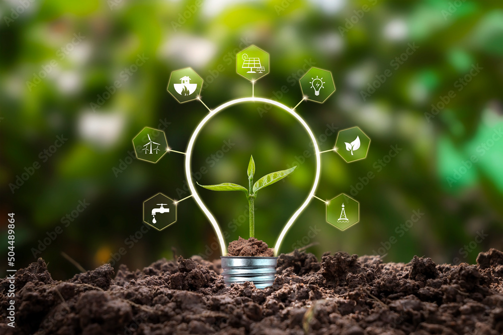 Tree growing on soil and environmentally friendly energy-related icons ...