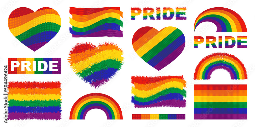 Set of LGBT symbols. Rainbow flag and heart. Pride Month. Celebrated annual. LGBT flag brush ...