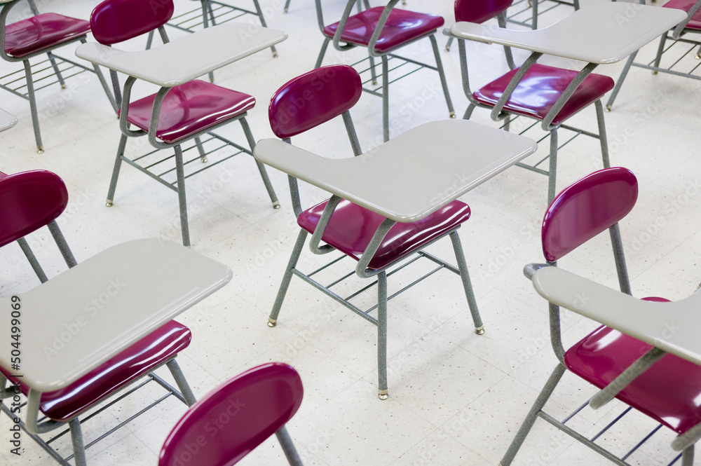 School Classroom with vintage Red Desks Stock Photo | Adobe Stock