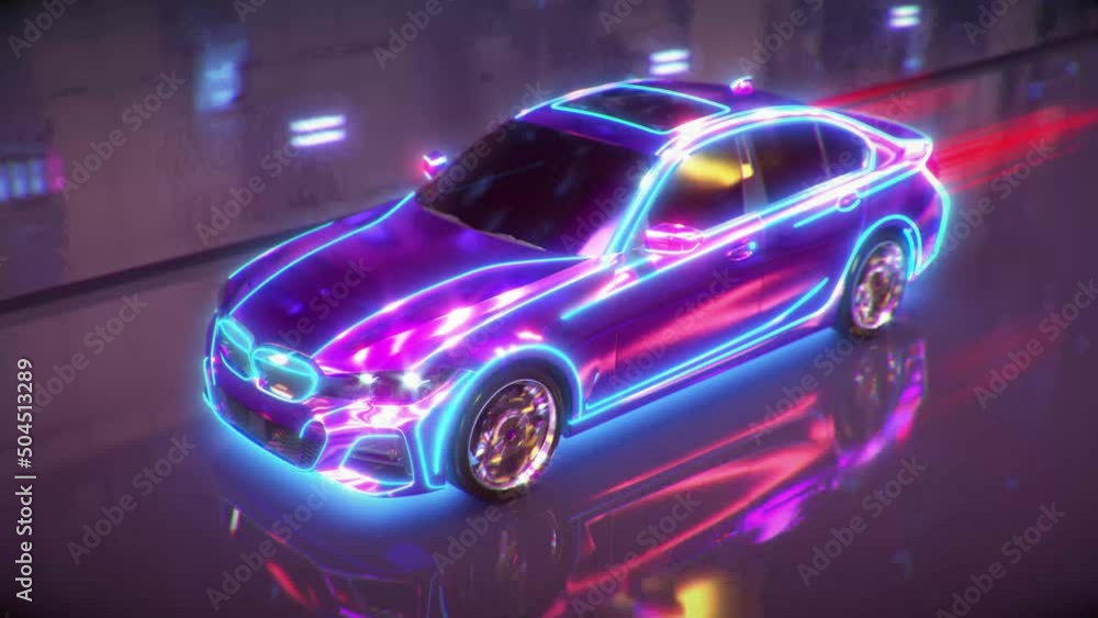 A neon sports car drives down a night road. 3D rendering. Stock ビデオ ...