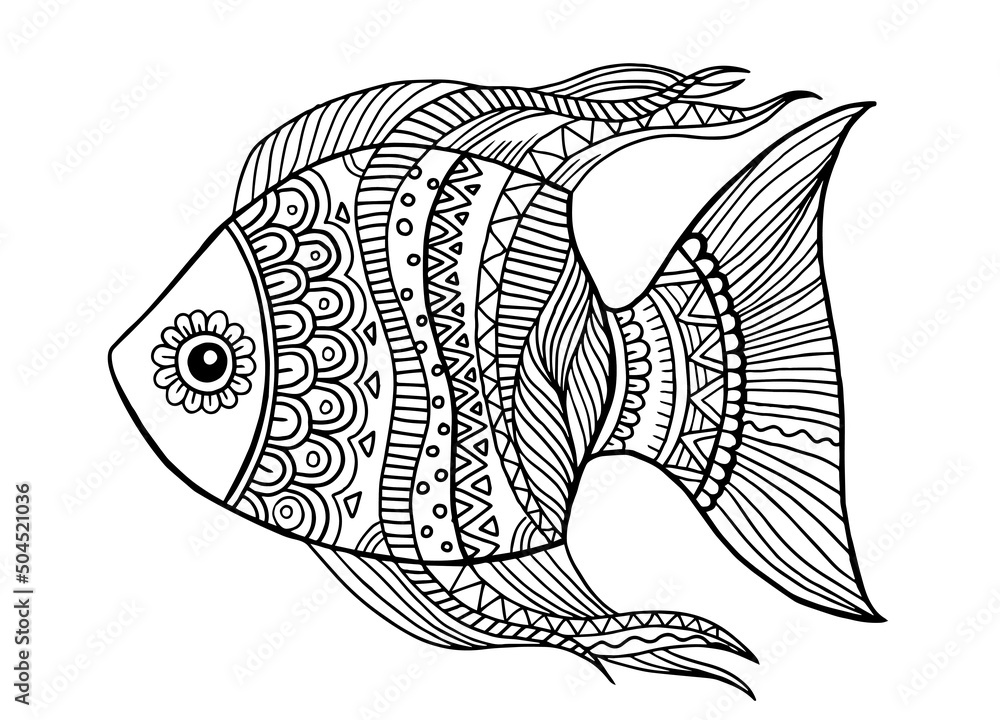 Coloring book page for adult. Fish with Detailed Pattern isolated on ...