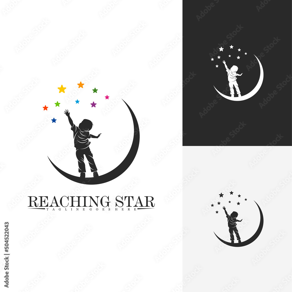 Child reaching stars logo vector illustration . Dream star logo design ...
