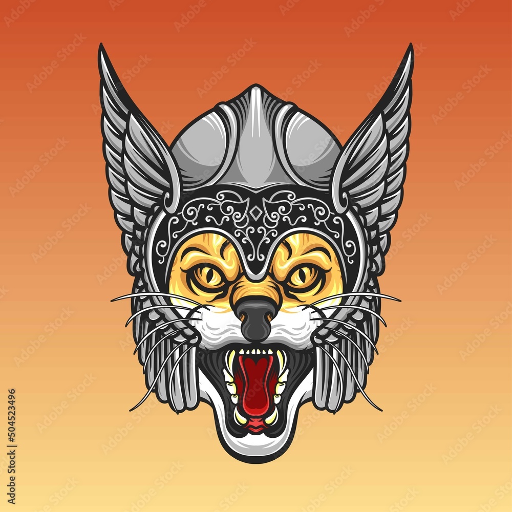 Head cat mascot logo valkyrie angelic viking helmet vector illustration ...