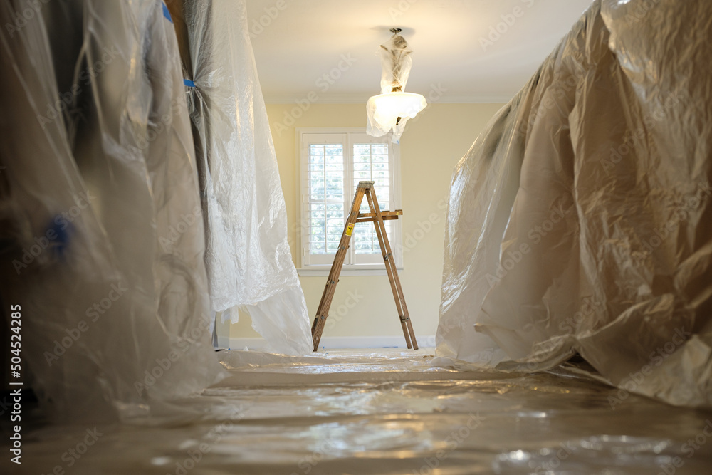 Room Covered in Plastic to Prepare for Home Renovation Project Stock ...