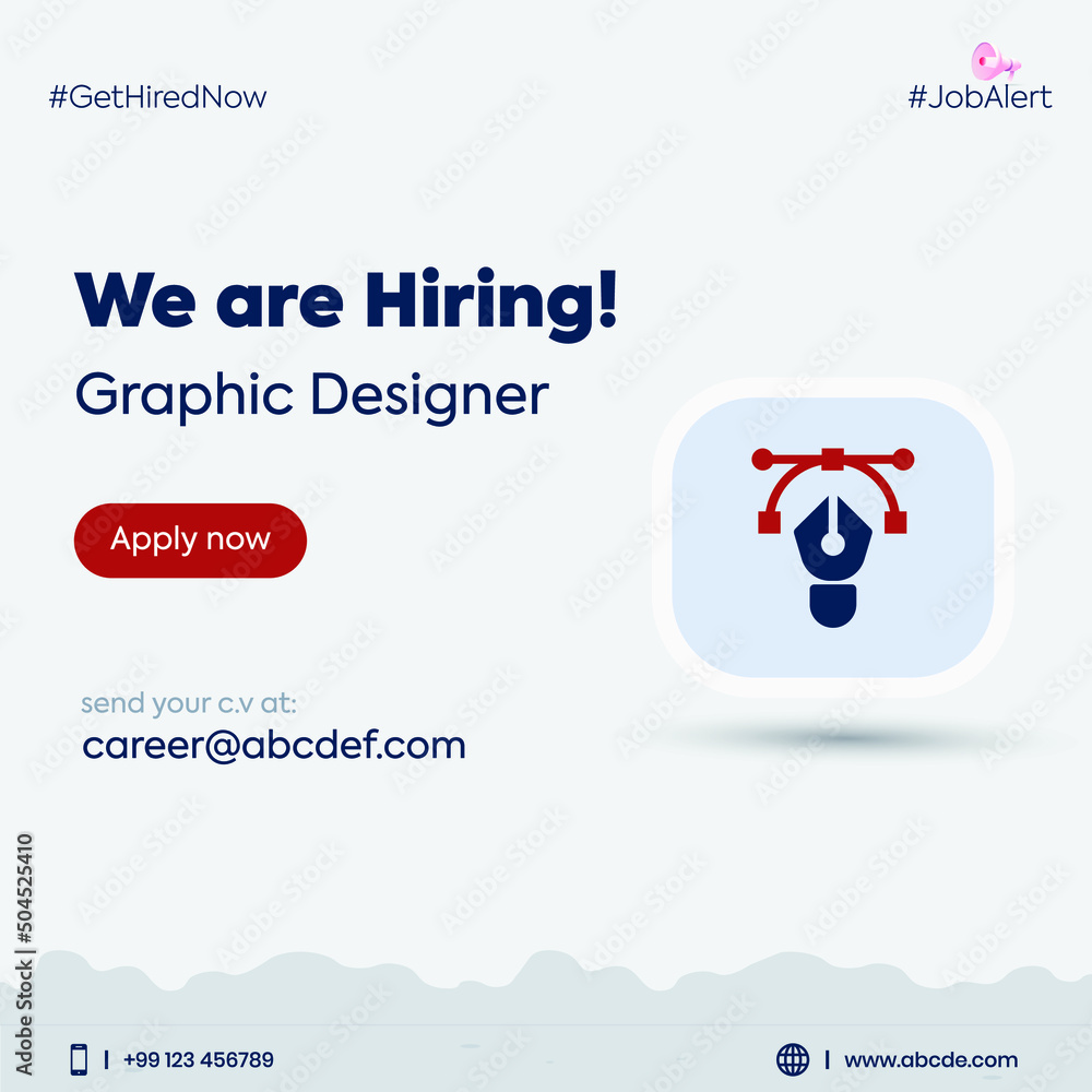 we are hiring. we are hiring graphic designer, announcement post. graphic designer job. pen tool ...