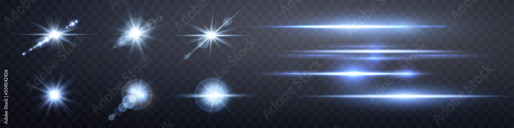 Blue lens flares set. Isolated on transparent background. Sun flash ...