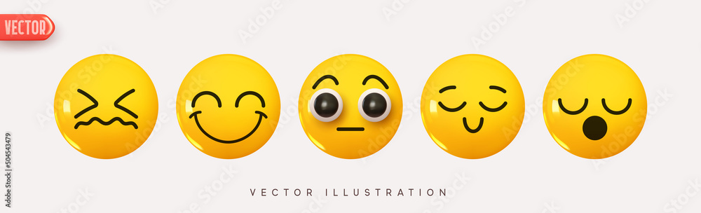 Set Icon Smile Emoji. Realistic Yellow Glossy 3d Emotions face Happy ...
