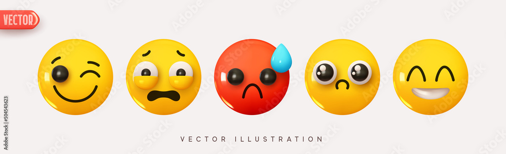 Set Icon Smile Emoji. Realistic Yellow Glossy 3d Emotions face happy ...