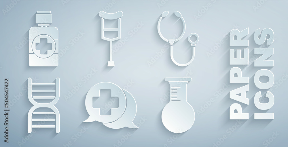 Set Dialogue with the doctor, Stethoscope, DNA symbol, Test tube and ...