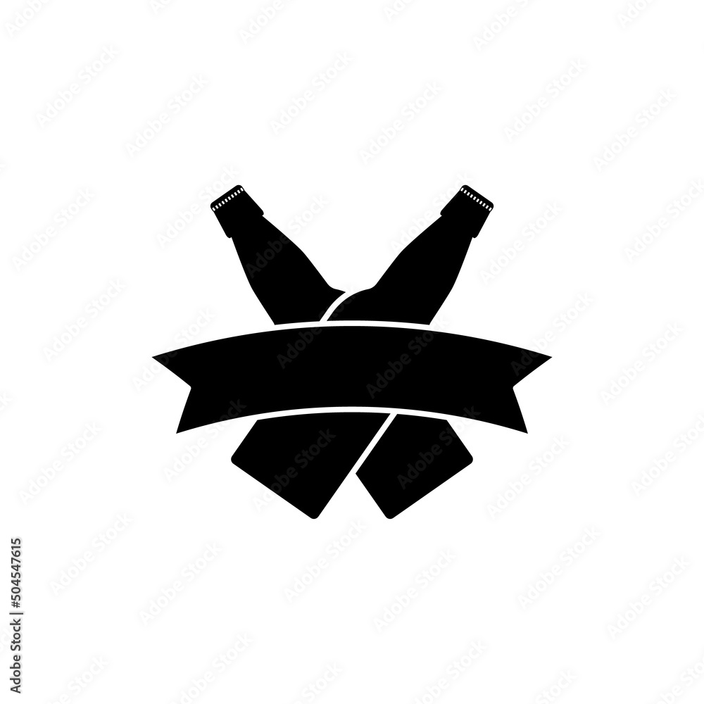 Beer bottle logo design. Two crossed beer bottles and ribbon banner ...