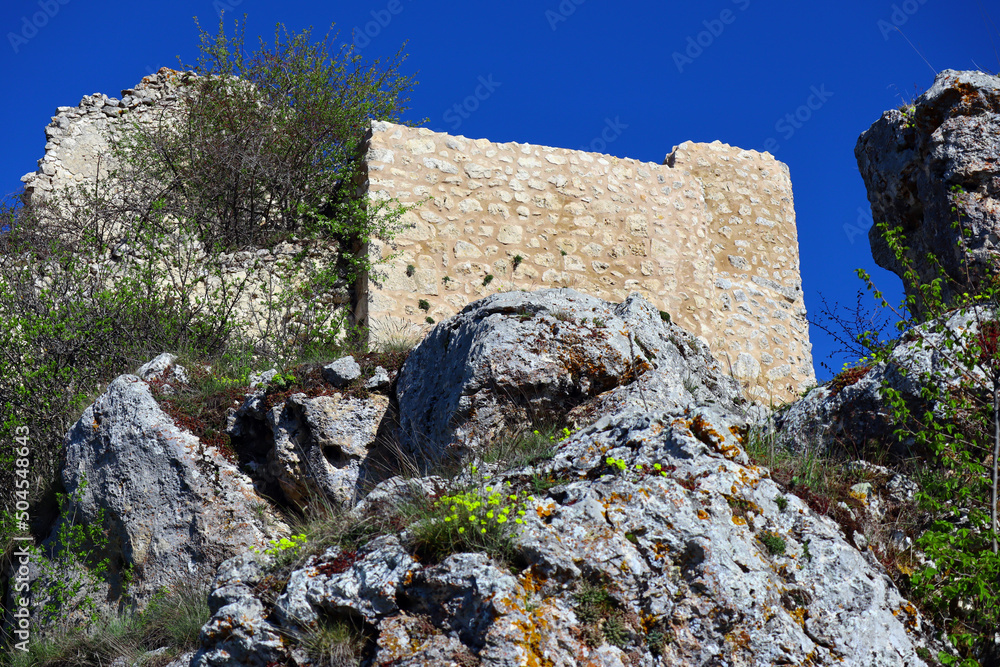 Rocca Calascio, view of ruins of mountaintop medieval fortress at 1512 ...