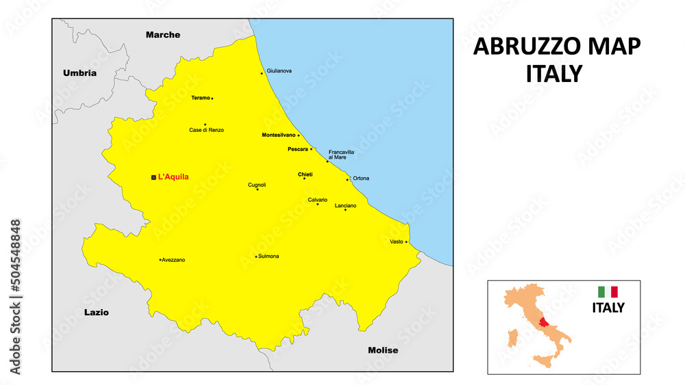 Plakat Abruzzo Map. State and district map of Abruzzo. Political map of ...