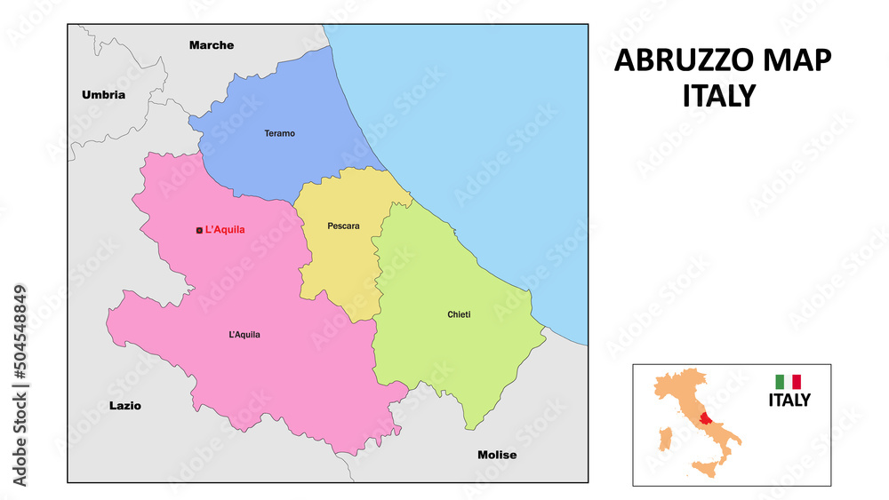 Plakat Abruzzo Map. State and district map of Abruzzo. Political map of ...