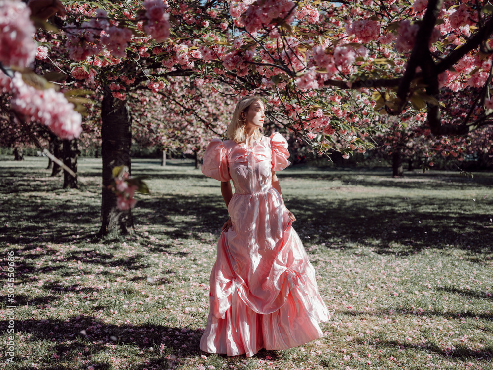 Girl in pink evening dress at sakura blossom Stock Photo | Adobe Stock
