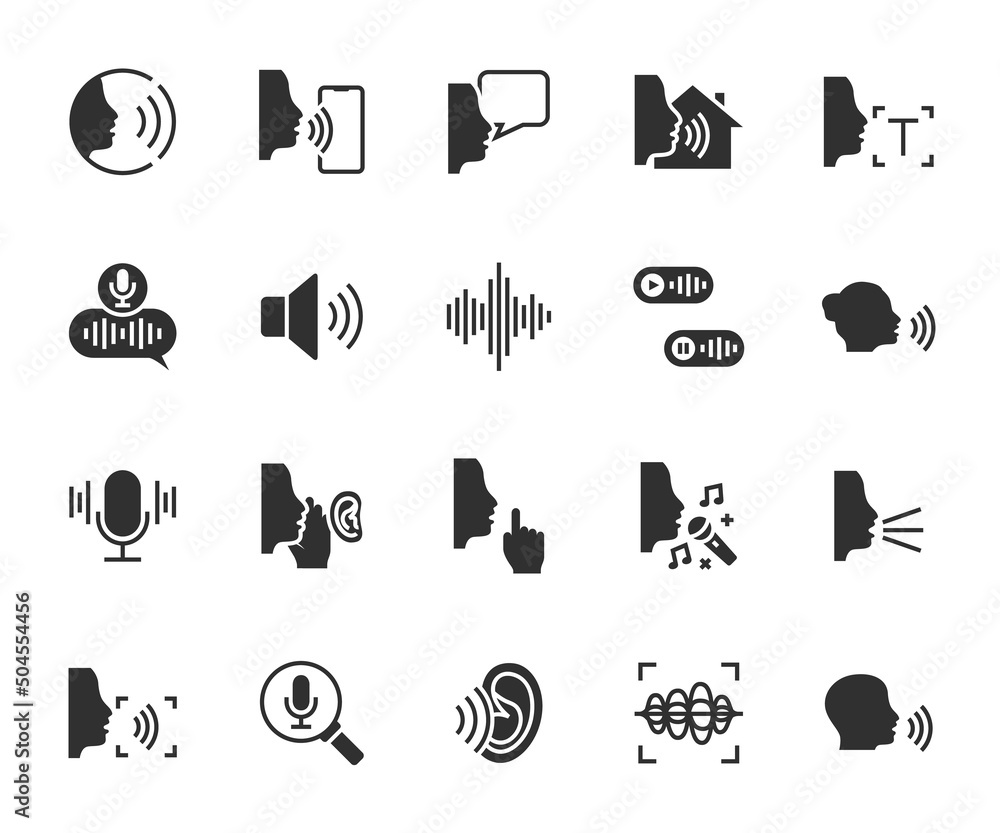 Vector set of voice flat icons. Contains icons voice control, sound, whisper, shout, voice ...