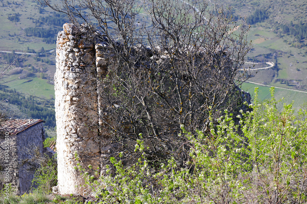 Rocca Calascio, view of ruins of mountaintop medieval fortress at 1512 ...