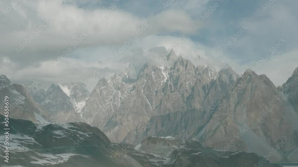 Aerial view of magnificent peaks of Passu Cones in Hunza Valley ...