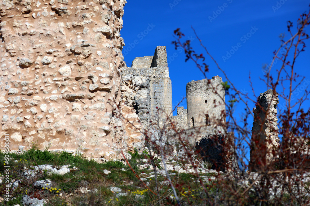 Rocca Calascio, view of ruins of mountaintop medieval fortress at 1512 ...
