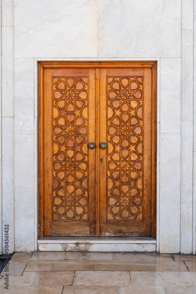 Decorated door insde the Umayyad Mosque, also known as the Great Mosque ...