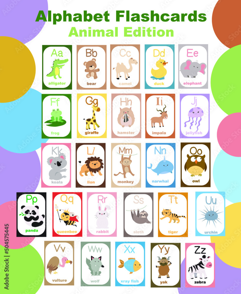 Animal alphabet flashcard. Educational printable flashcard. Vector ...