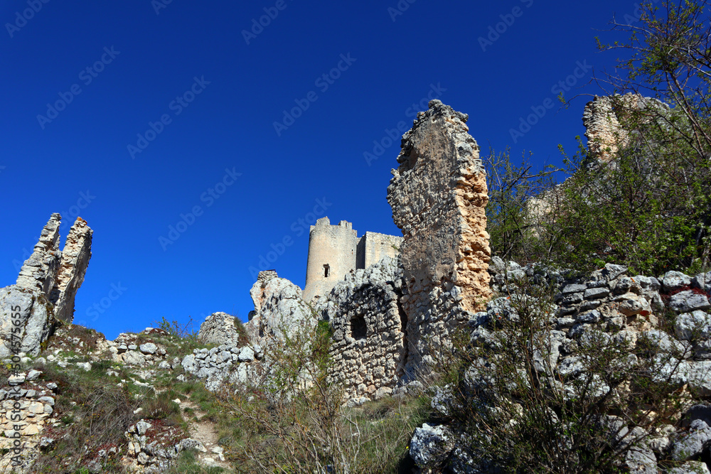 Rocca Calascio, view of ruins of mountaintop medieval fortress at 1512 ...