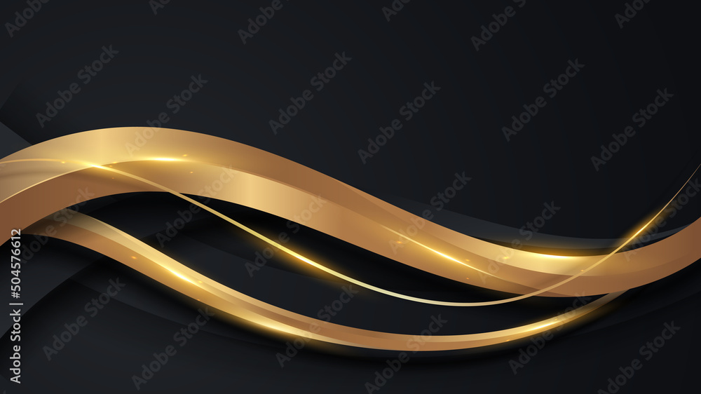 Abstract elegant 3D golden wave lines shapes on black background luxury ...