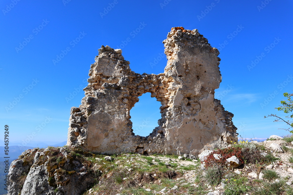 Rocca Calascio, view of ruins of mountaintop medieval fortress at 1512 ...