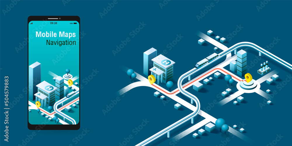 Mobile maps Navigation, And tracking concept. Isometric city map, App ...