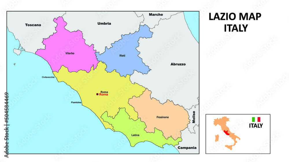 Lazio Map. State and district map of Lazio. Political map of Lazio with neighboring countries ...