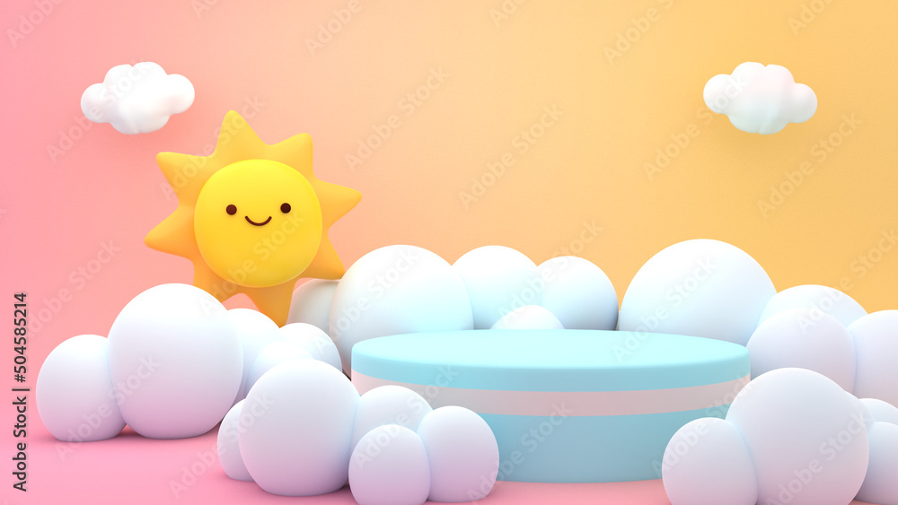 3d rendered cute sun, white clouds, and product display podium. Stock ...