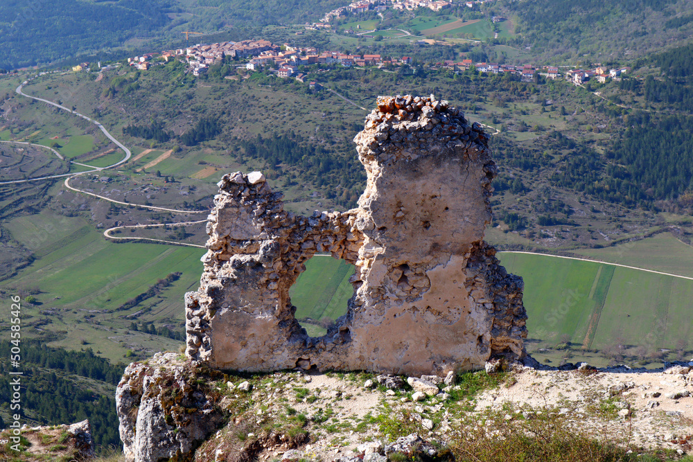 Rocca Calascio, view of ruins of mountaintop medieval fortress at 1512 ...