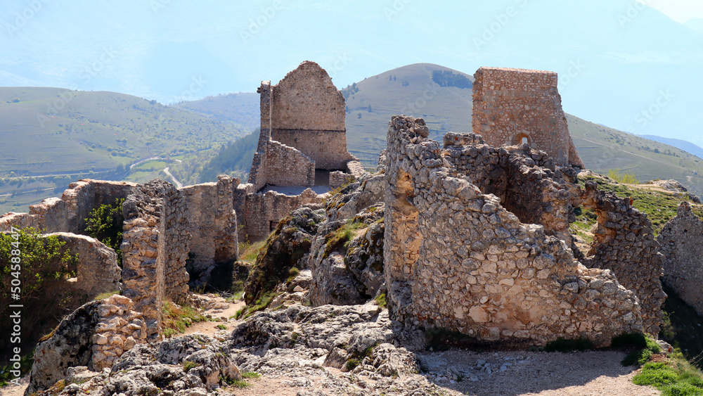 Rocca Calascio, view of ruins of mountaintop medieval fortress at 1512 ...