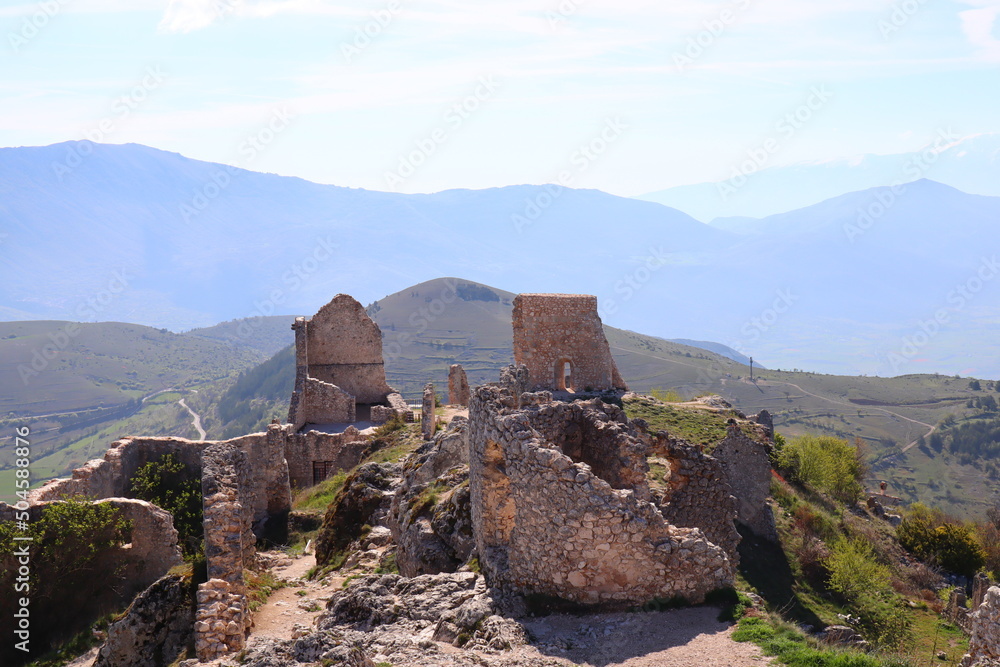 Rocca Calascio, view of ruins of mountaintop medieval fortress at 1512 ...