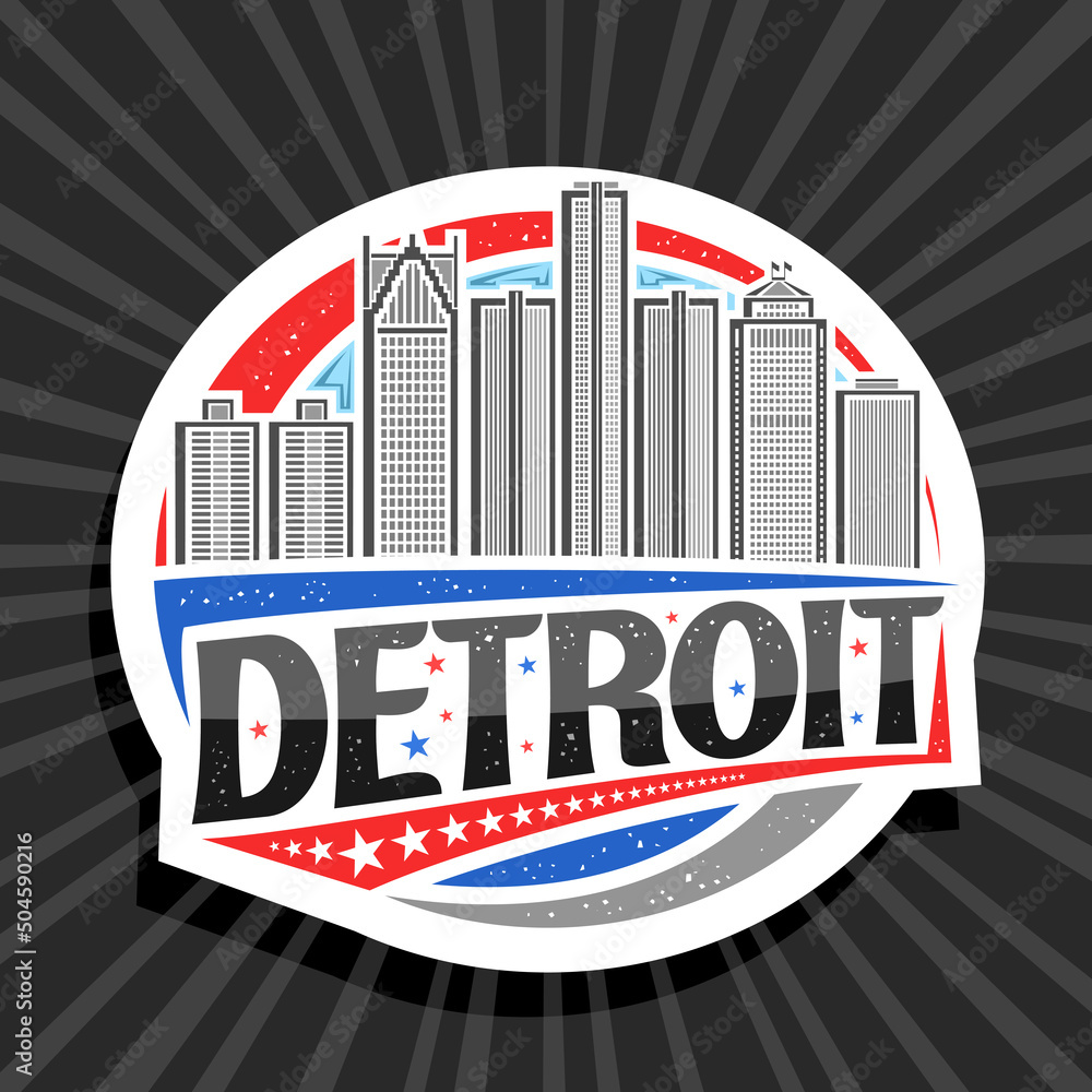 Vector logo for Detroit, white decorative label with line illustration ...