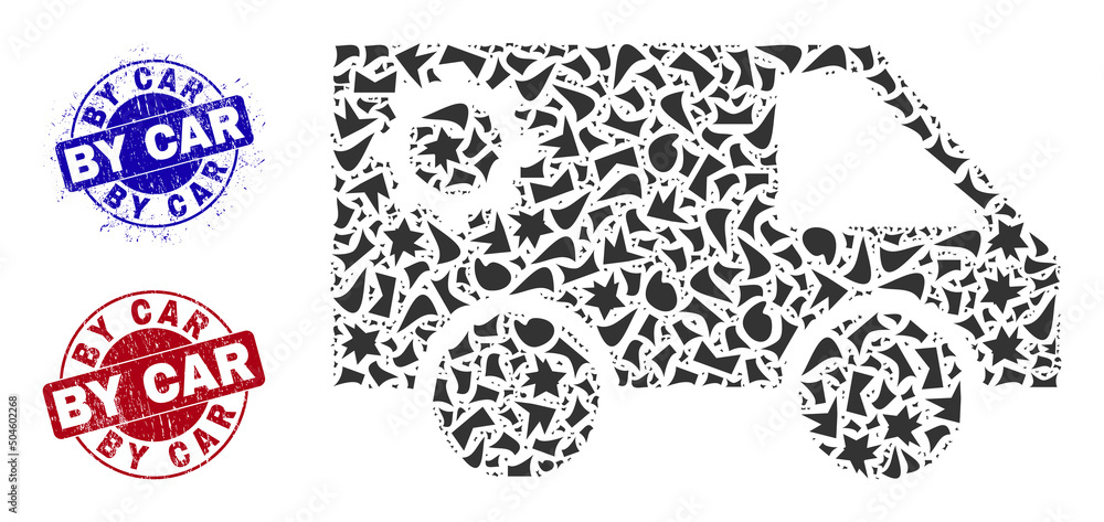 Round BY CAR rubber stamp seals with word inside round forms, and spall ...