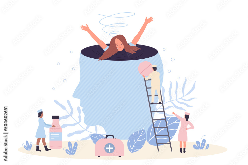 Care, help and support for mental disorders and trauma. Cartoon crying ...